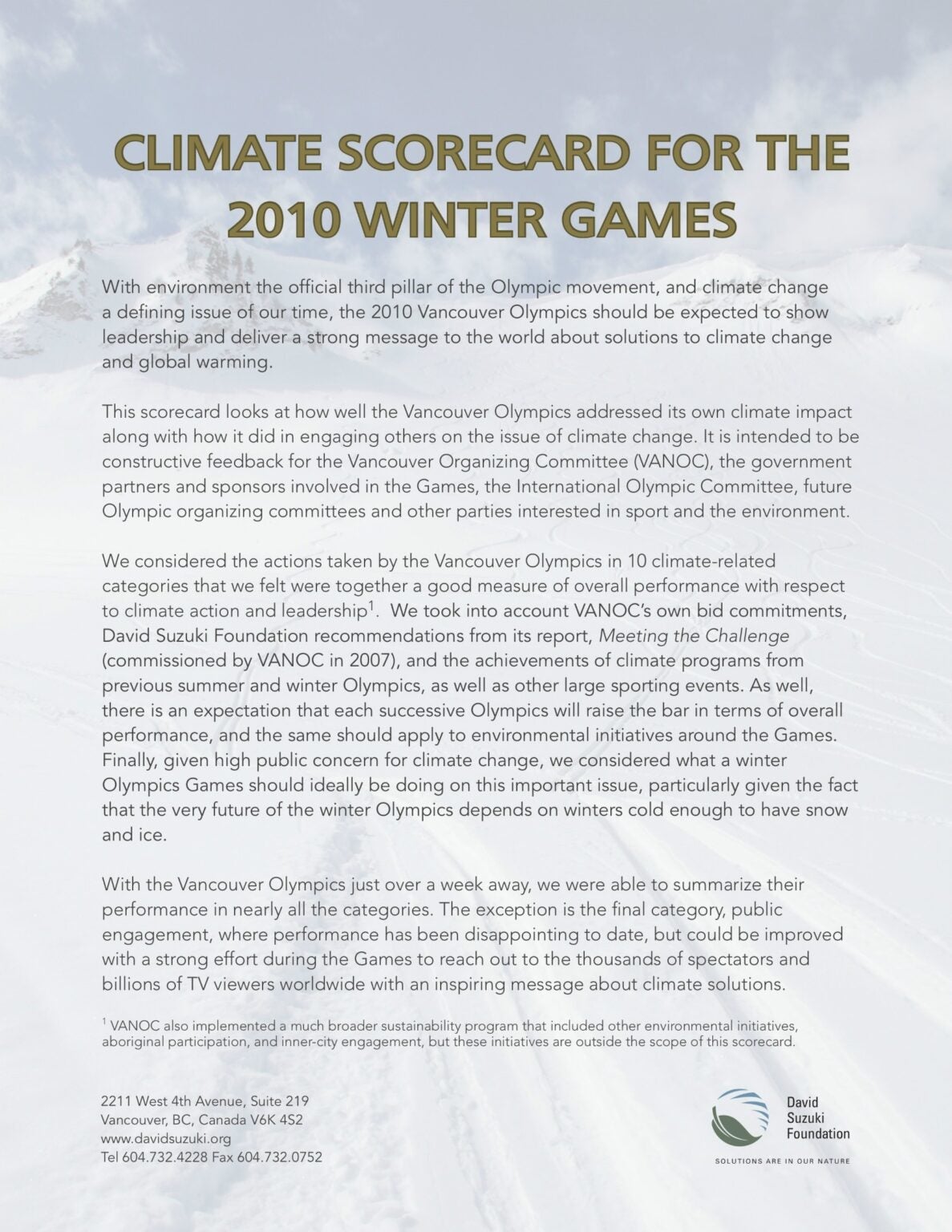 Climate Scorecard for the 2010 Winter Olympic Games - David Suzuki ...