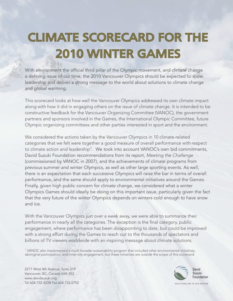 Climate Scorecard for the 2010 Winter Olympic Games - David Suzuki ...