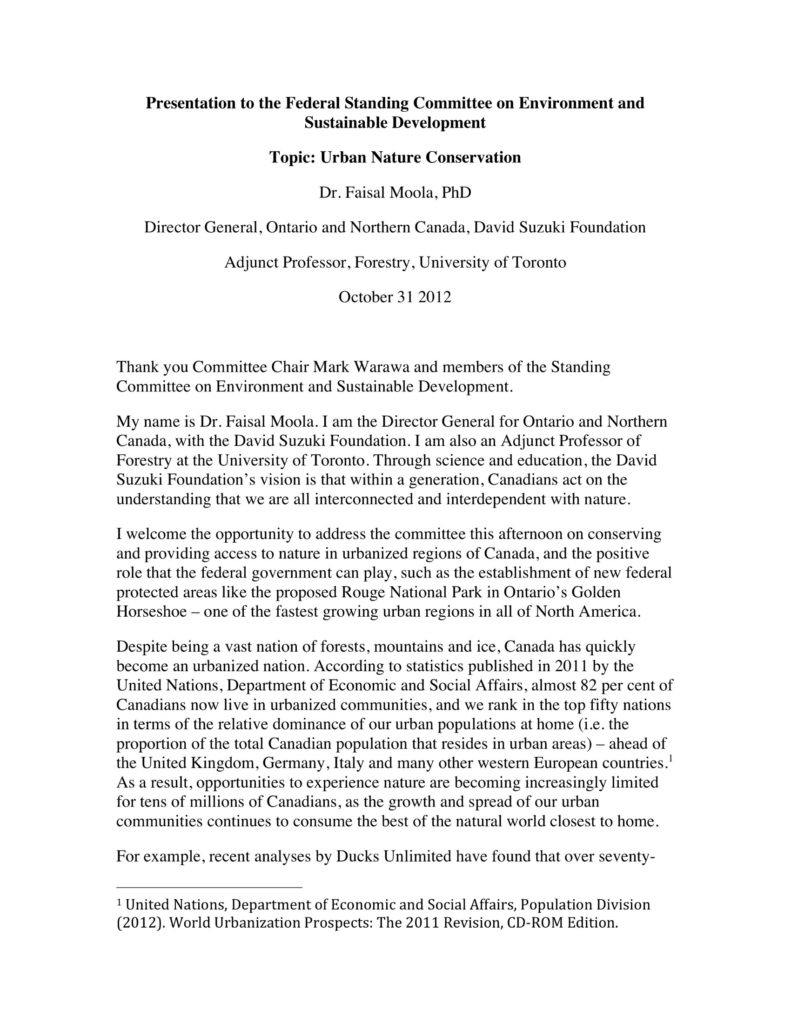 Presentation to the Federal Standing Committee on Environment and ...