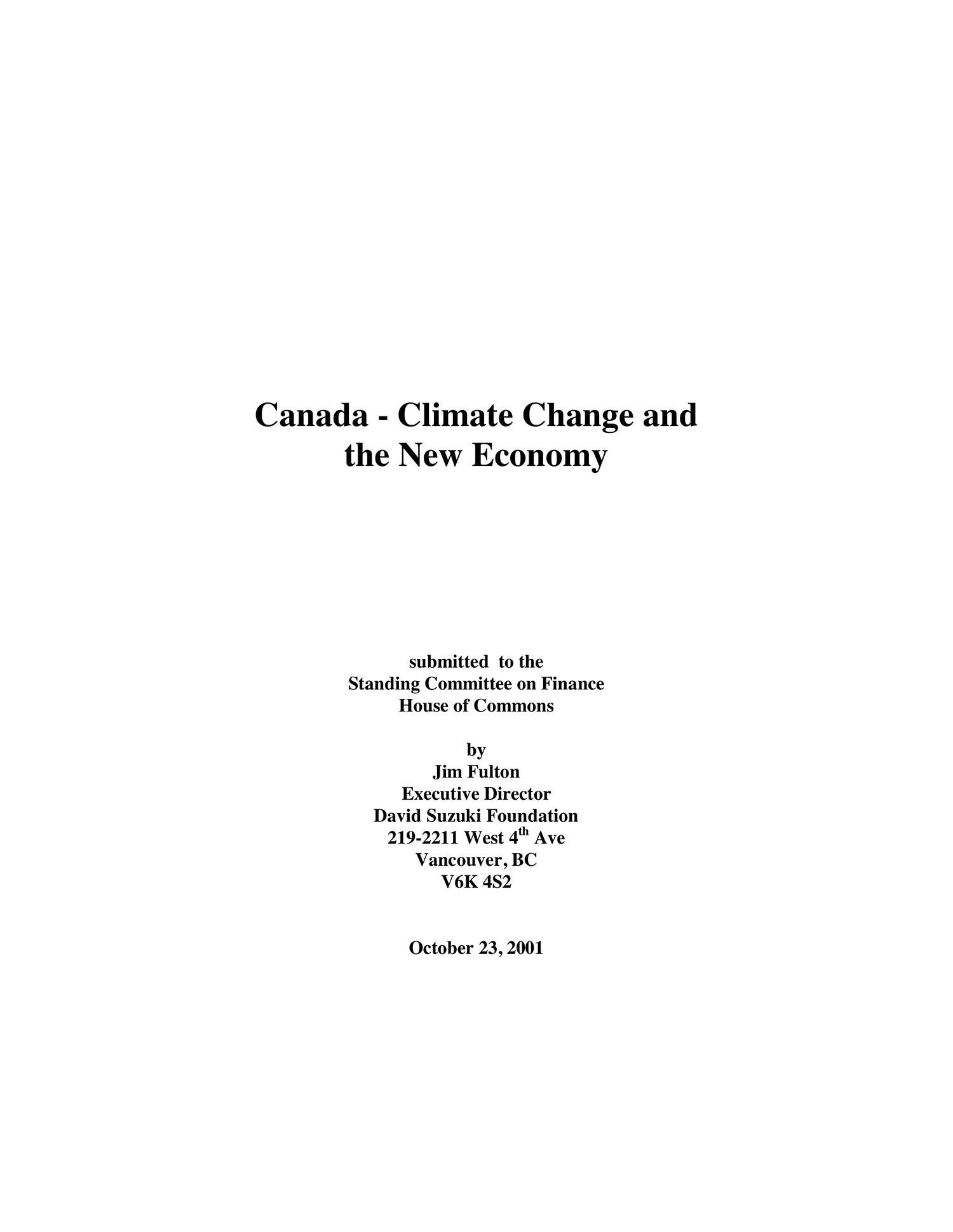 Canada: Climate Change and the New Economy - David Suzuki Foundation