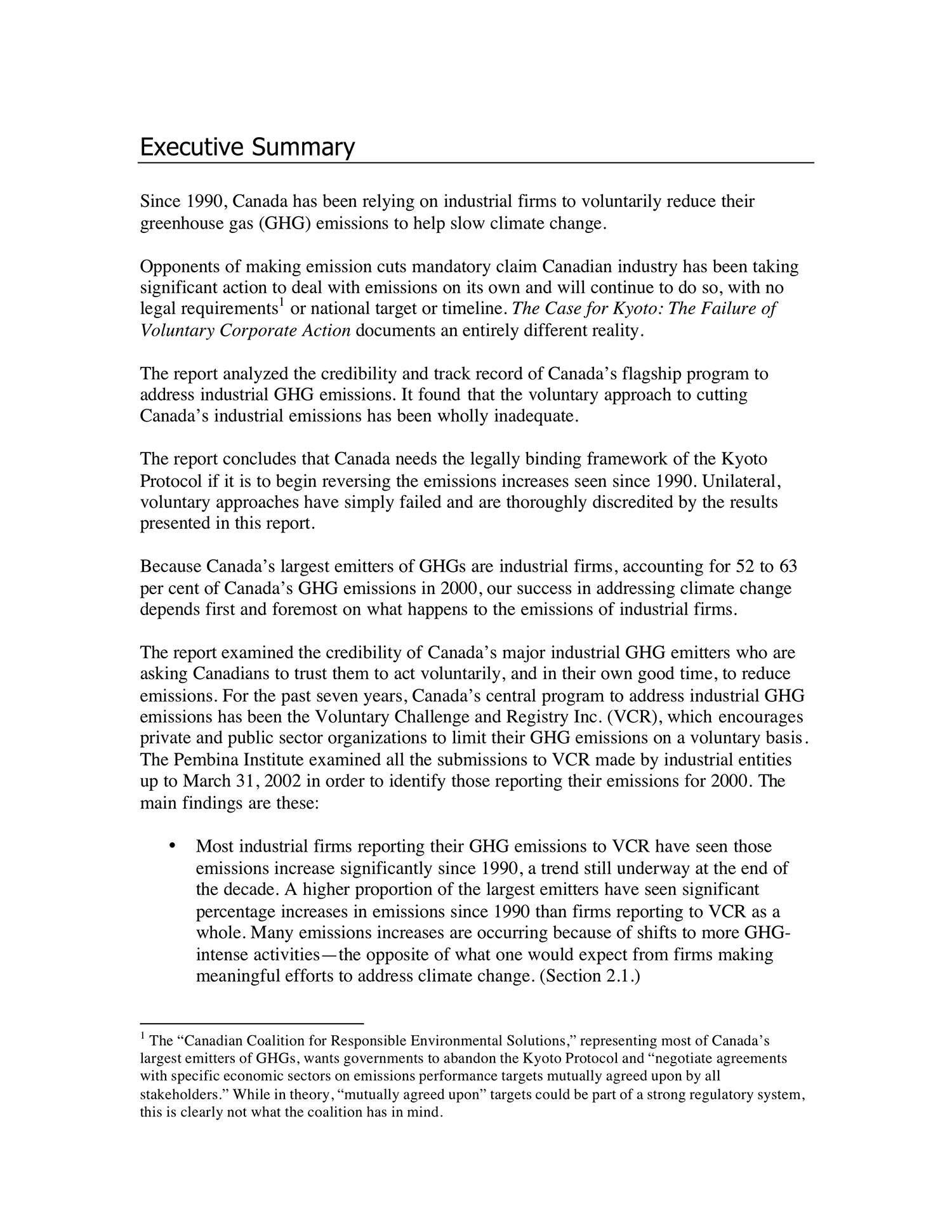 EXECUTIVE SUMMARY — The Case for Kyoto: The Failure of Voluntary ...