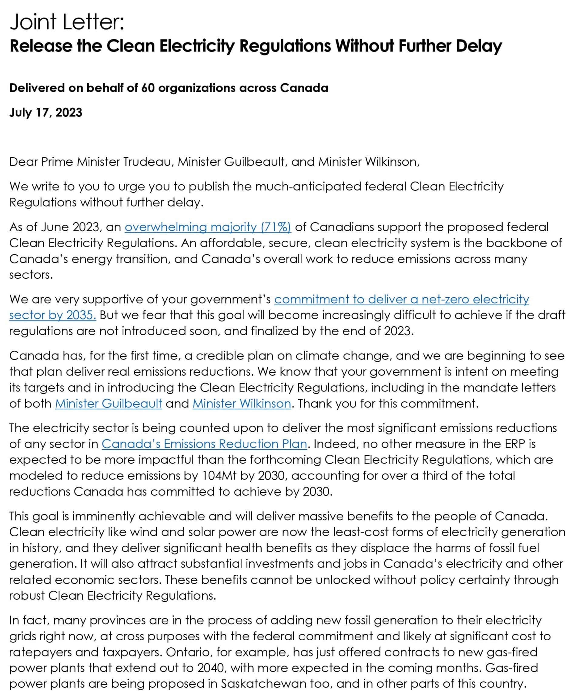 60 orgs call for the release of federal Clean Electricity Regulations