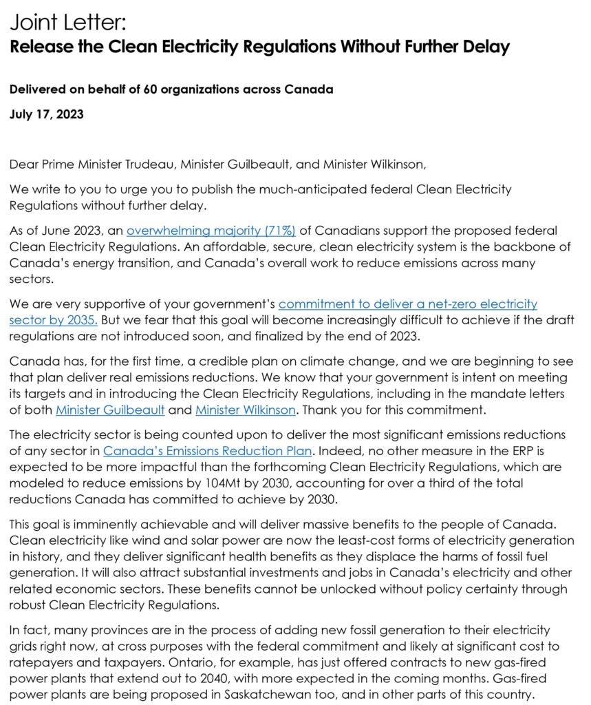60 orgs call for the release of federal Clean Electricity Regulations