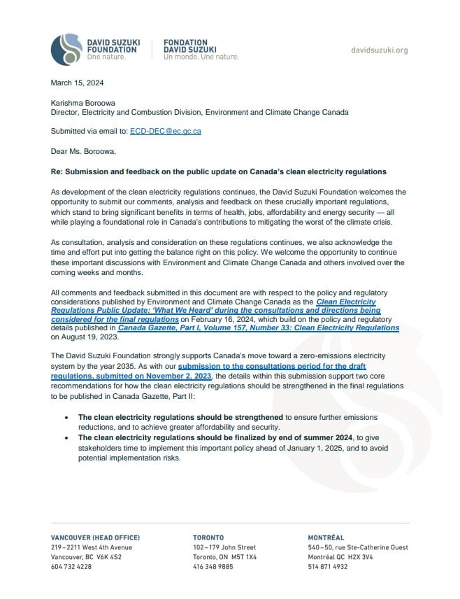 DSF Submission on Federal Draft Clean Electricity Regulations